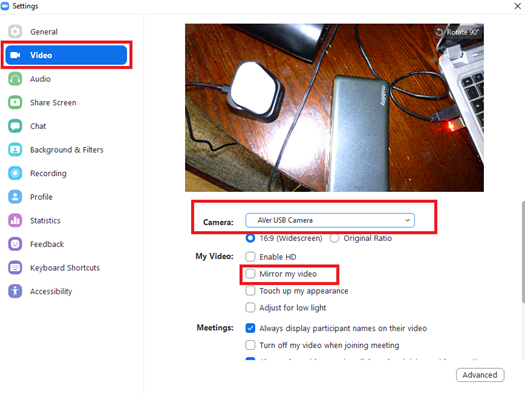 How to use doc cam as a webcam inside ZOOM?