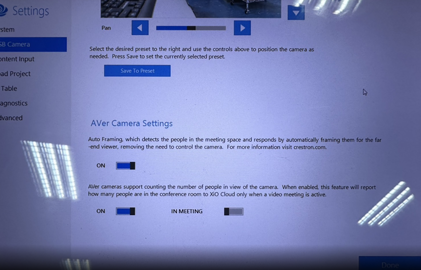 The camera keeps defaulting to Auto Frame whenever it reboots when connected to a Crestron.